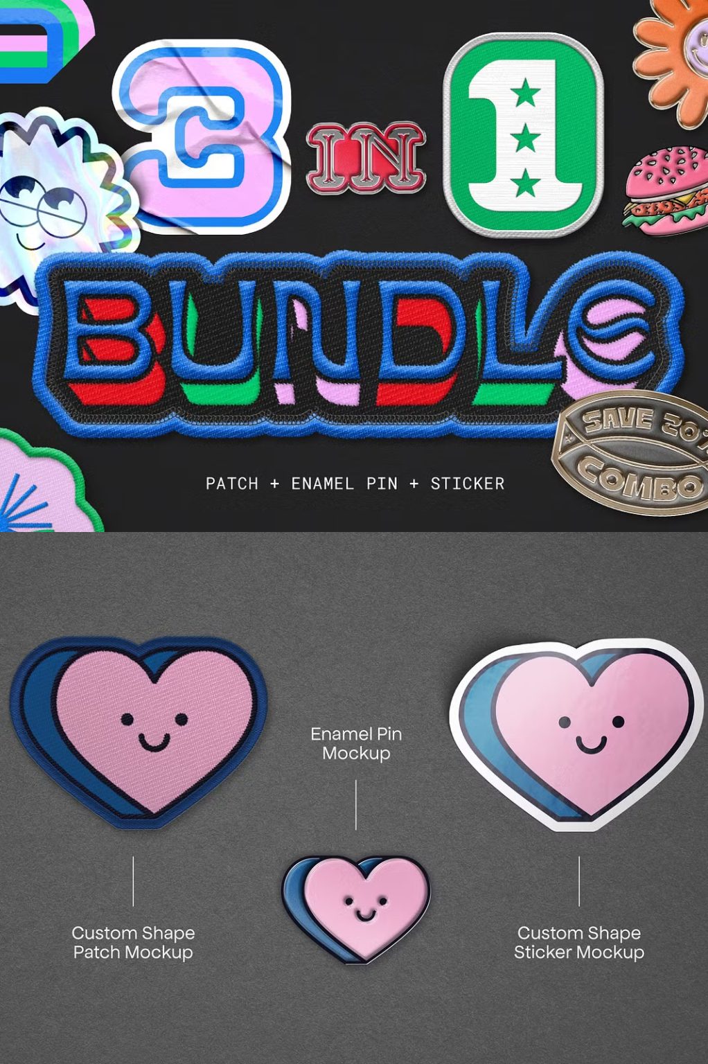 Patch + Pin + Sticker Mockup Combo - The Danny - Mockup Design Resources